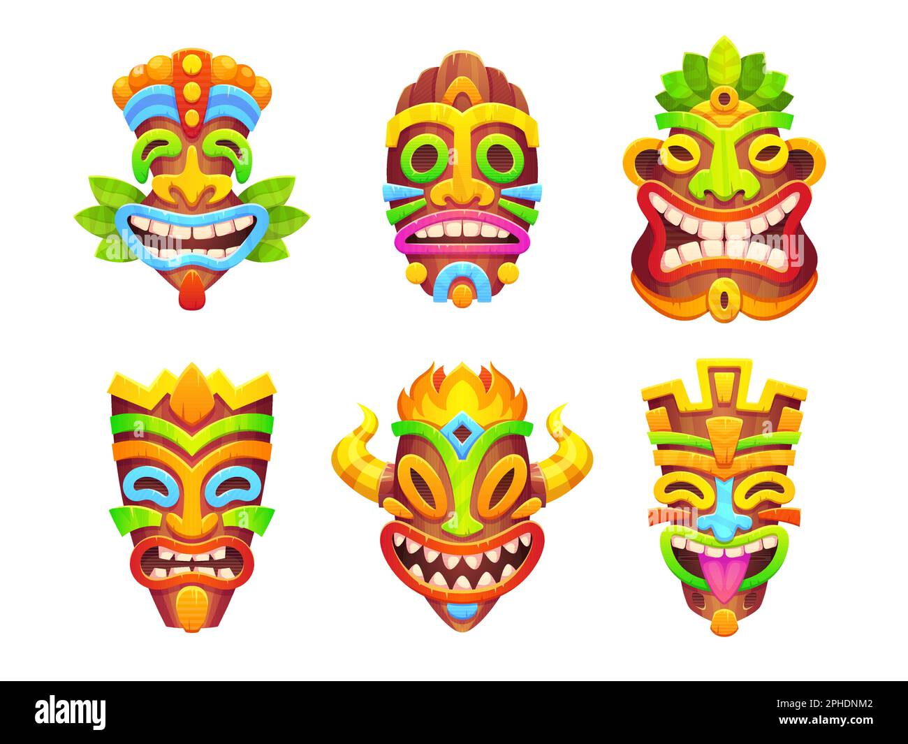 Tiki mask african totem tribal cartoon icon vector set. Hawaiian wood ...