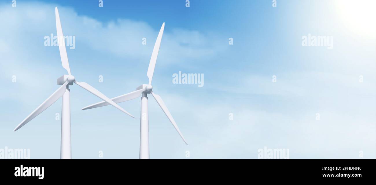 3d white wind mill power turbine on sky background. Windmill station to ...