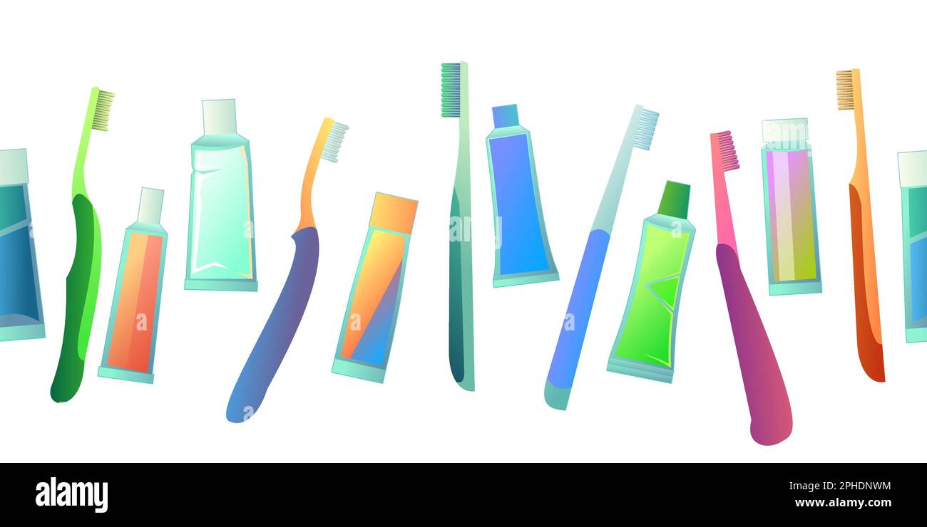 Tubes of toothpaste and toothbrushes seamless horizontal. Cartoon style ...