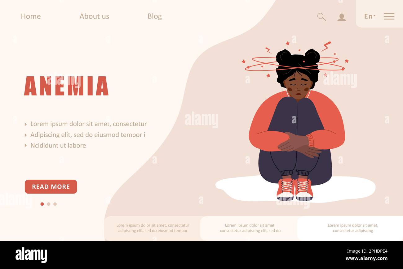 Anemia Concept Landing Page Template Sad African Woman With Dizziness
