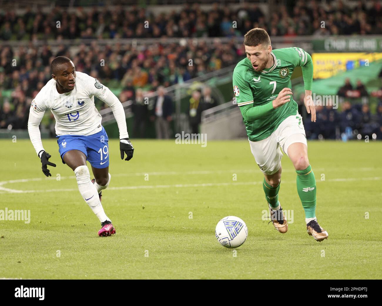 Matthew Doherty of Ireland, Moussa Diaby of France (left) during the ...