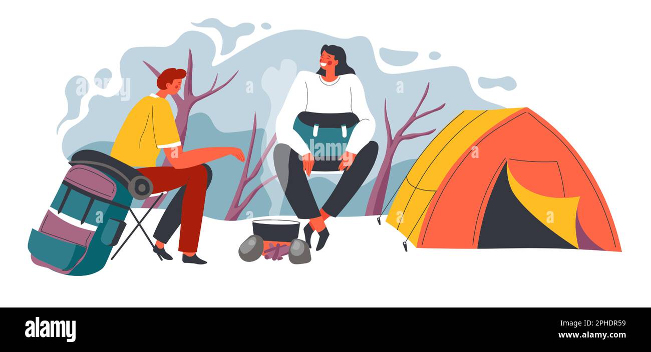 Camping man and woman sitting by fire and tent Stock Vector Image & Art ...