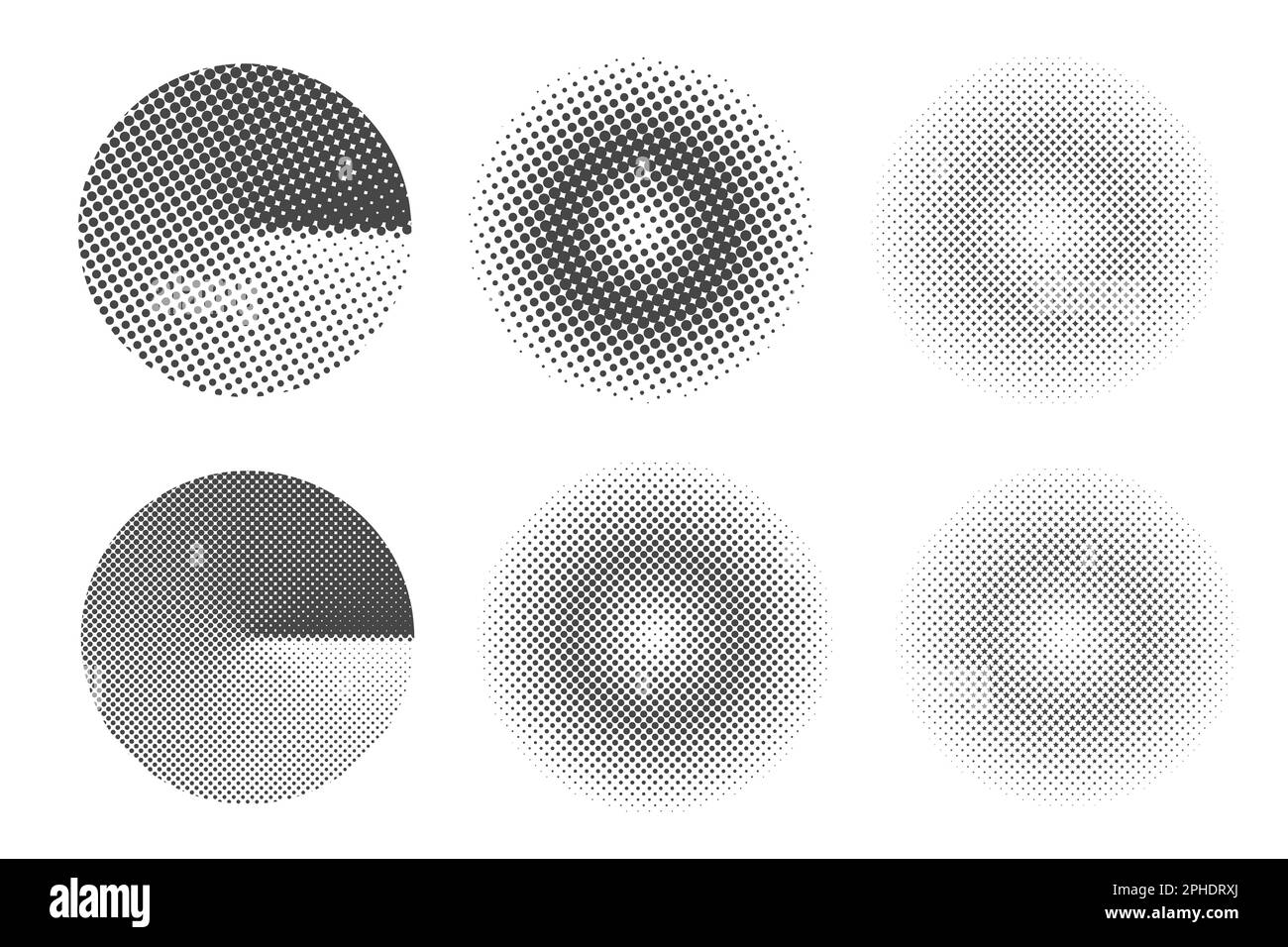 Circles with dotted gradient. Halftone raster gradation effect. Textured round graphic elements ...