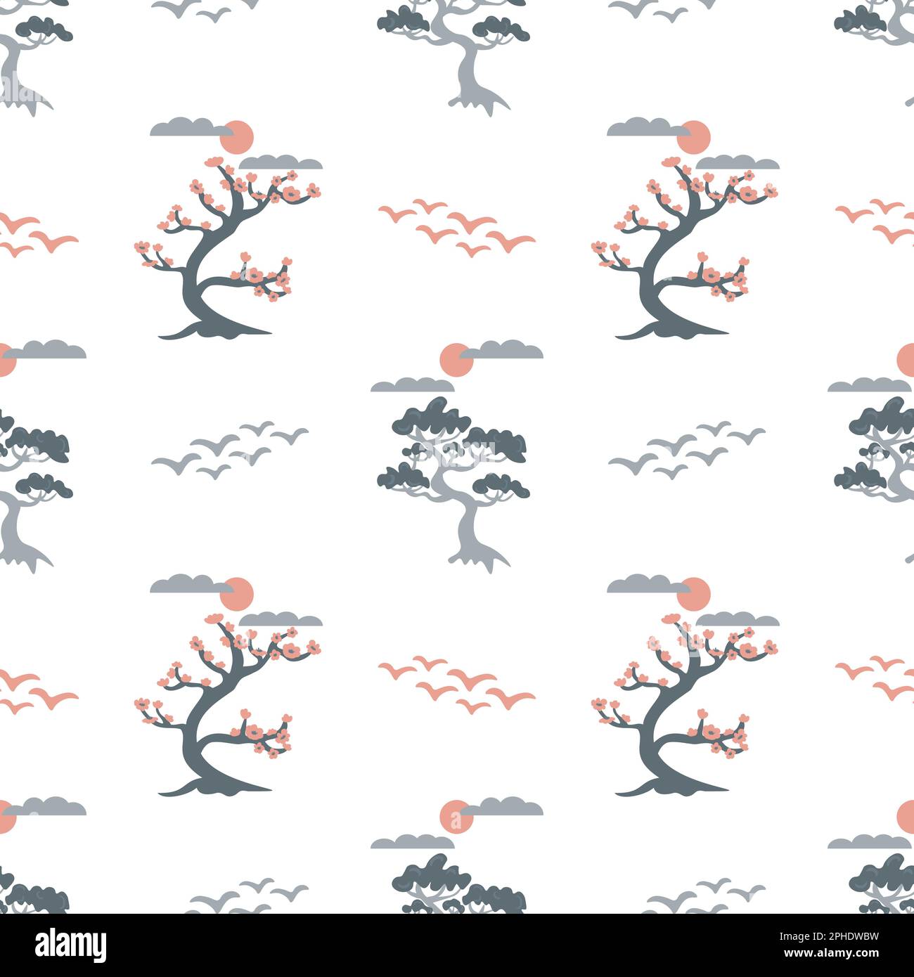 Seamless japanese style sakura, birds and pine tree pattern Stock ...