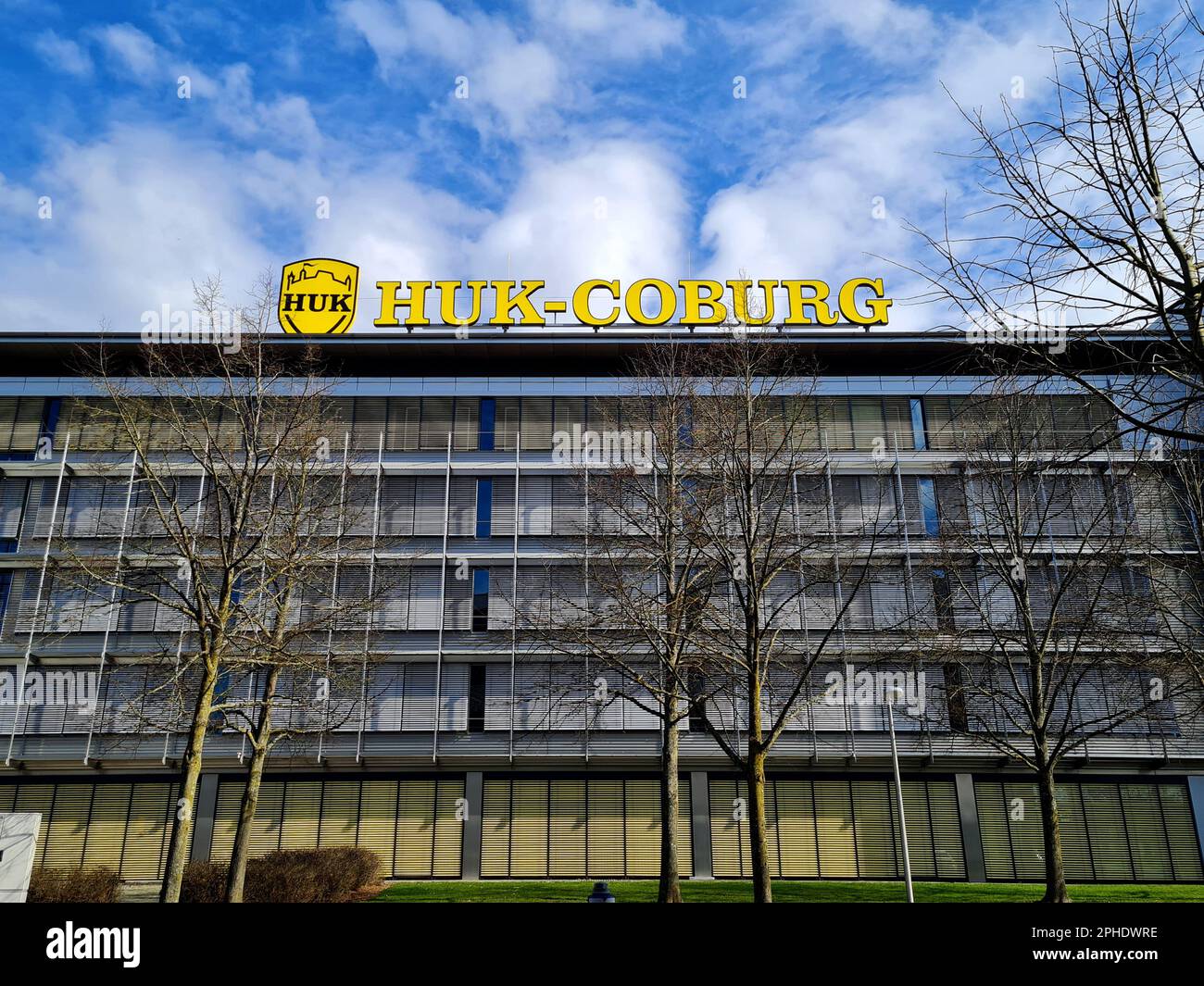 Coburg, Germany. 18th Mar, 2023. The logo and lettering of HUK Coburg are enthroned on the ...