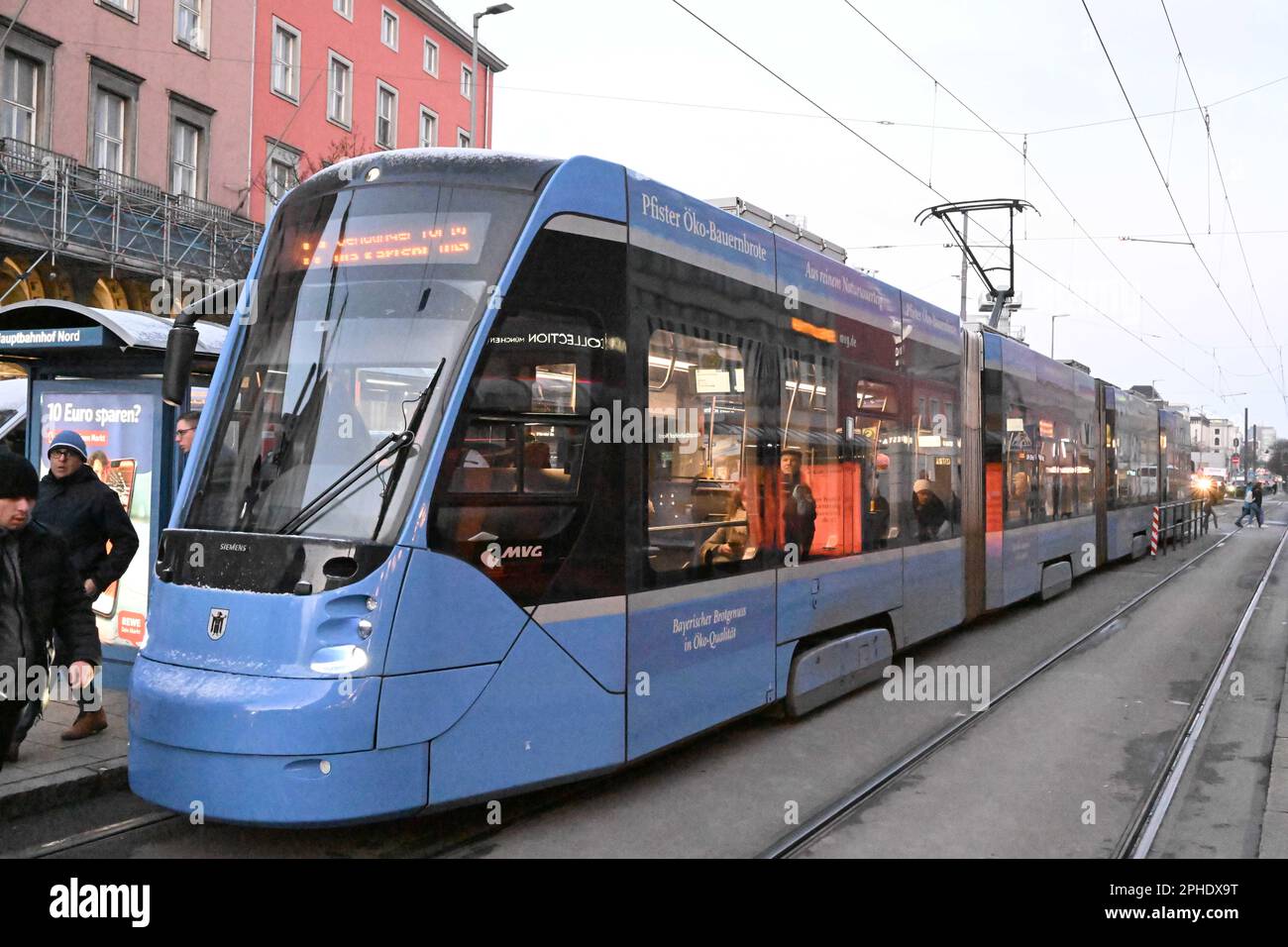 Munich, Germany. 28th Mar, 2023. A streetcar stands at the main station ...