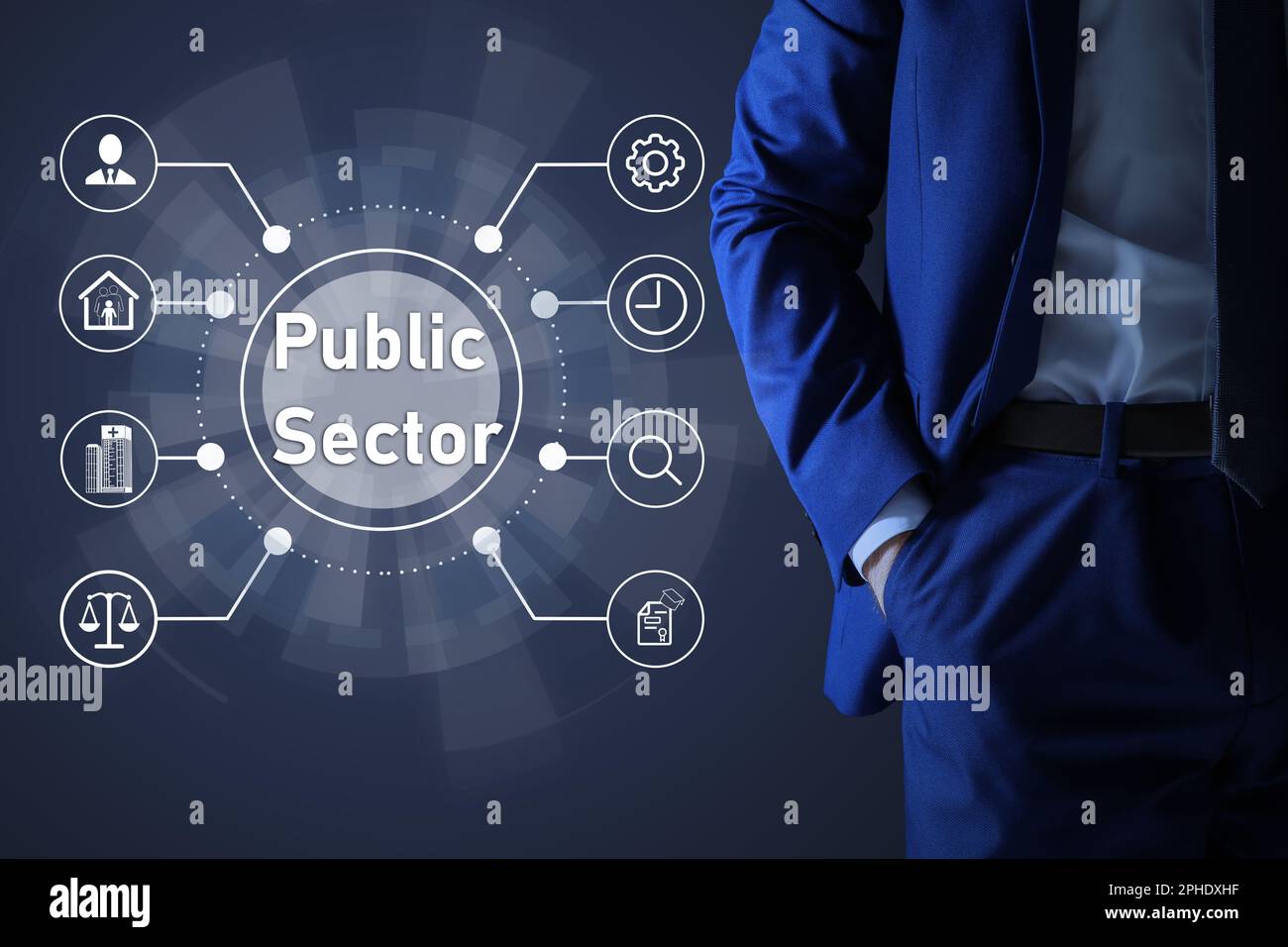 Public Sector concept. Man and at virtual screen with different icons ...