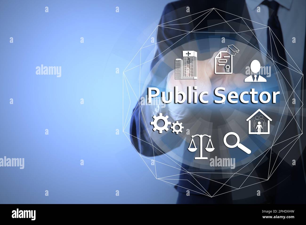 Public Sector concept. Man pointing at virtual screen with different ...