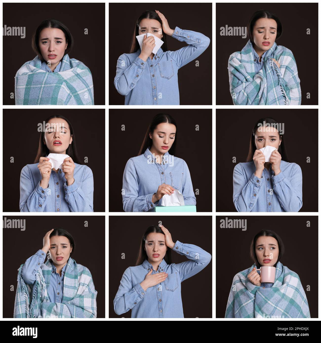 Collage with photos of woman with cold symptoms on brown background ...