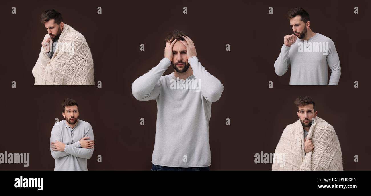 Collage with photos of man with cold symptoms on brown background ...