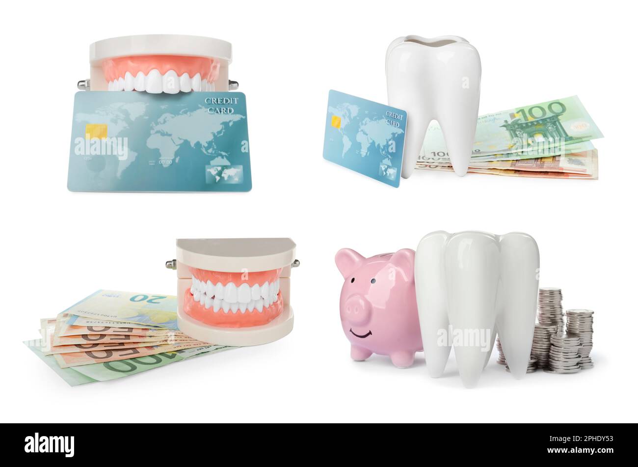 Set with educational dental models and money on white background ...