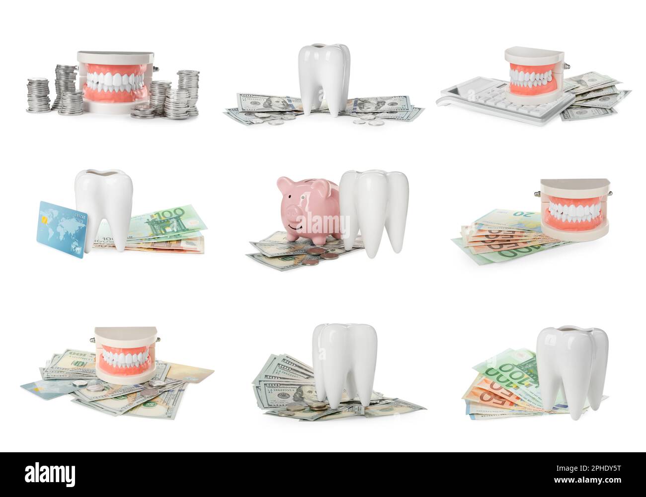 Set with educational dental models and money on white background ...