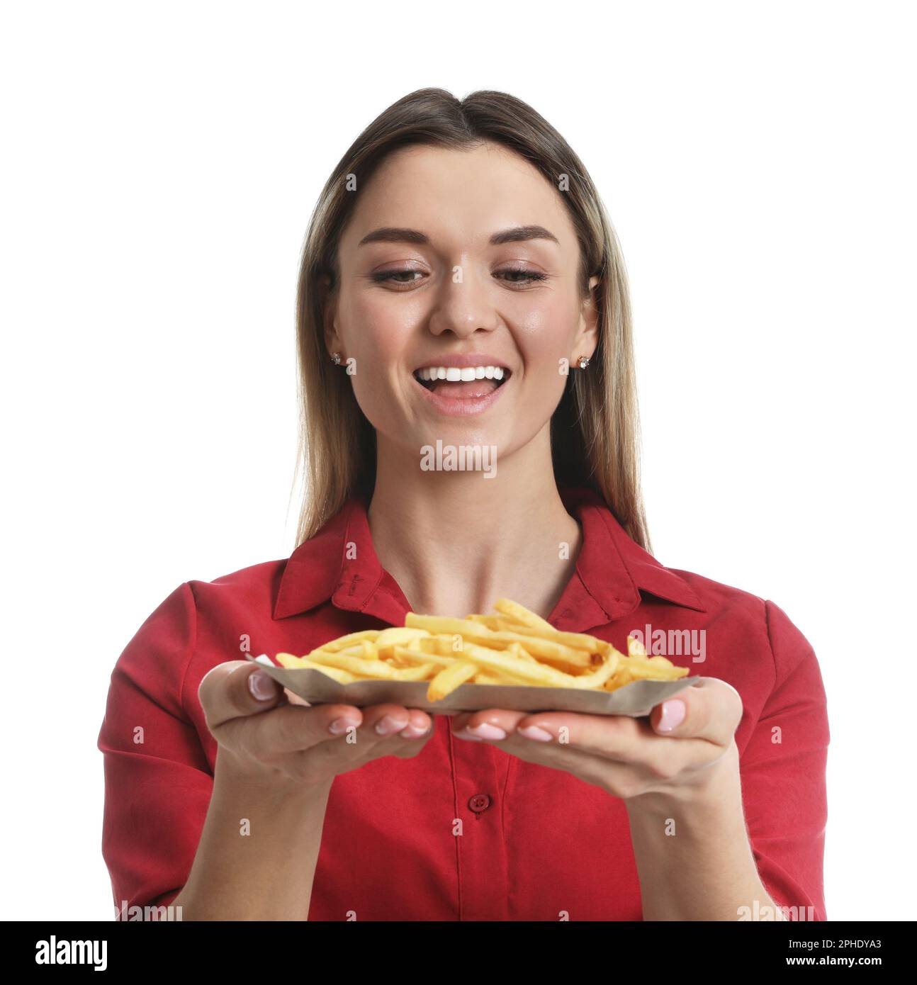 Young woman with French fries on white background Stock Photo - Alamy