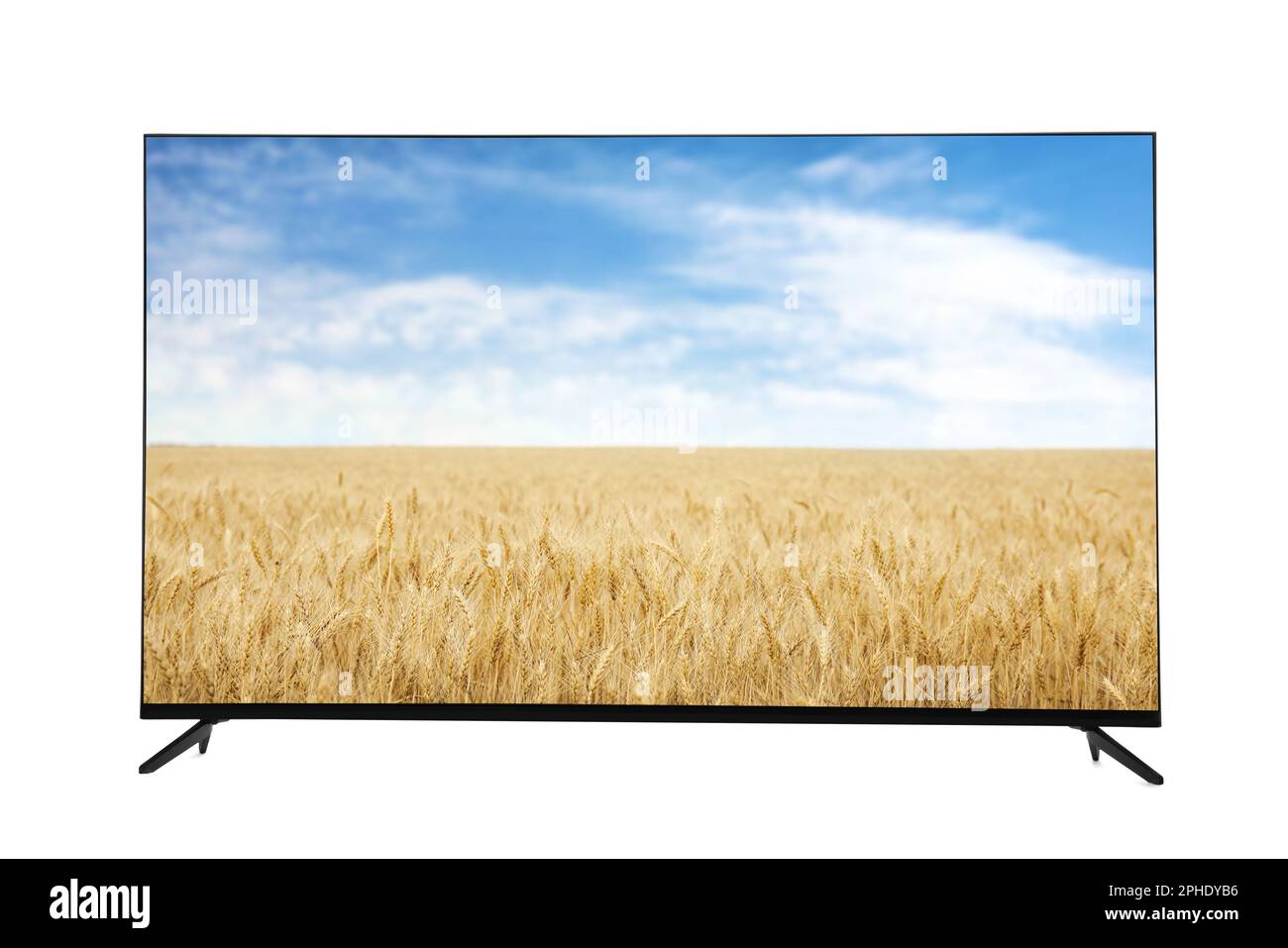 Modern wide screen TV monitor showing picturesque view of wheat field ...