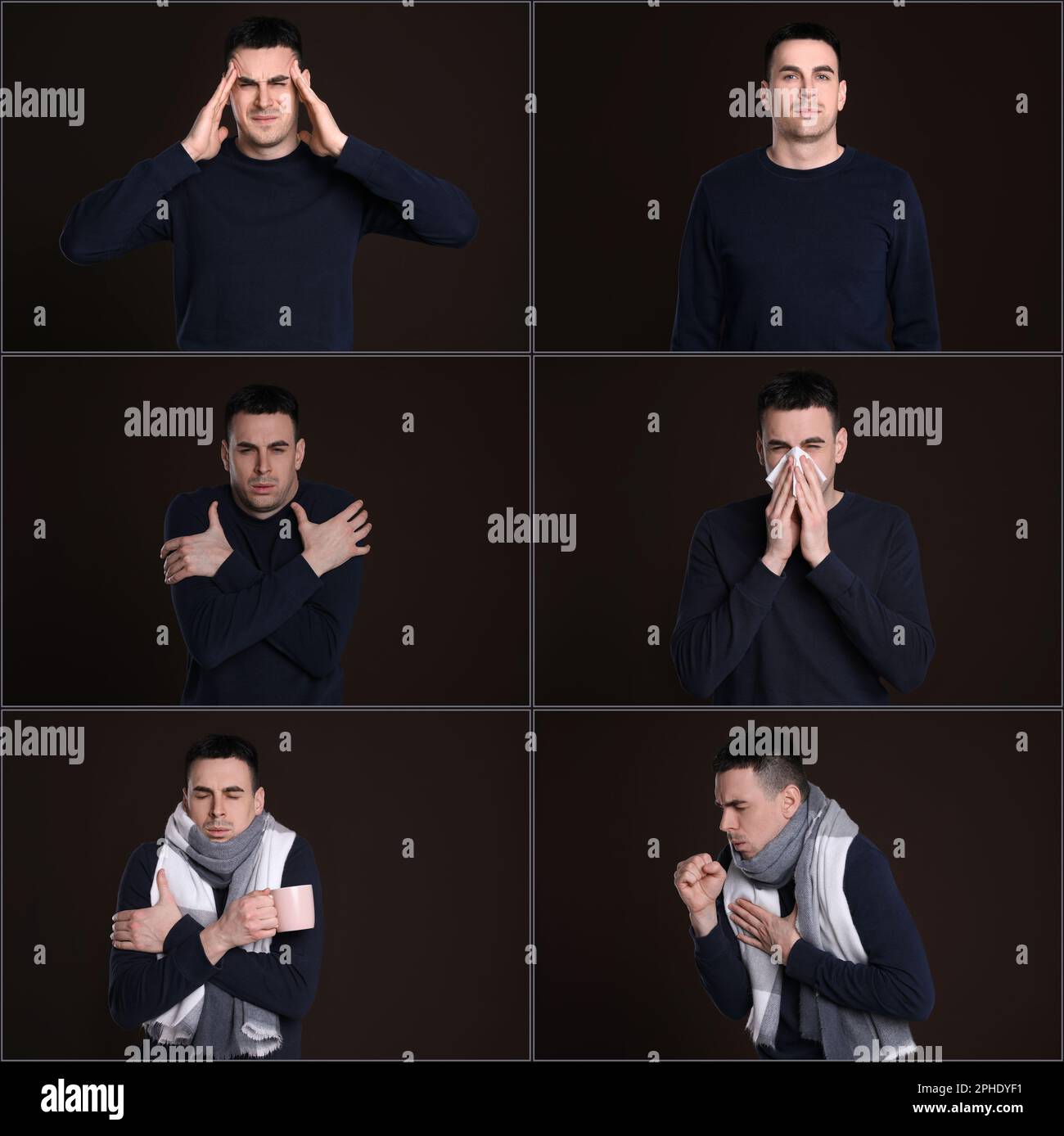 Collage with photos of man with cold symptoms on brown background Stock ...