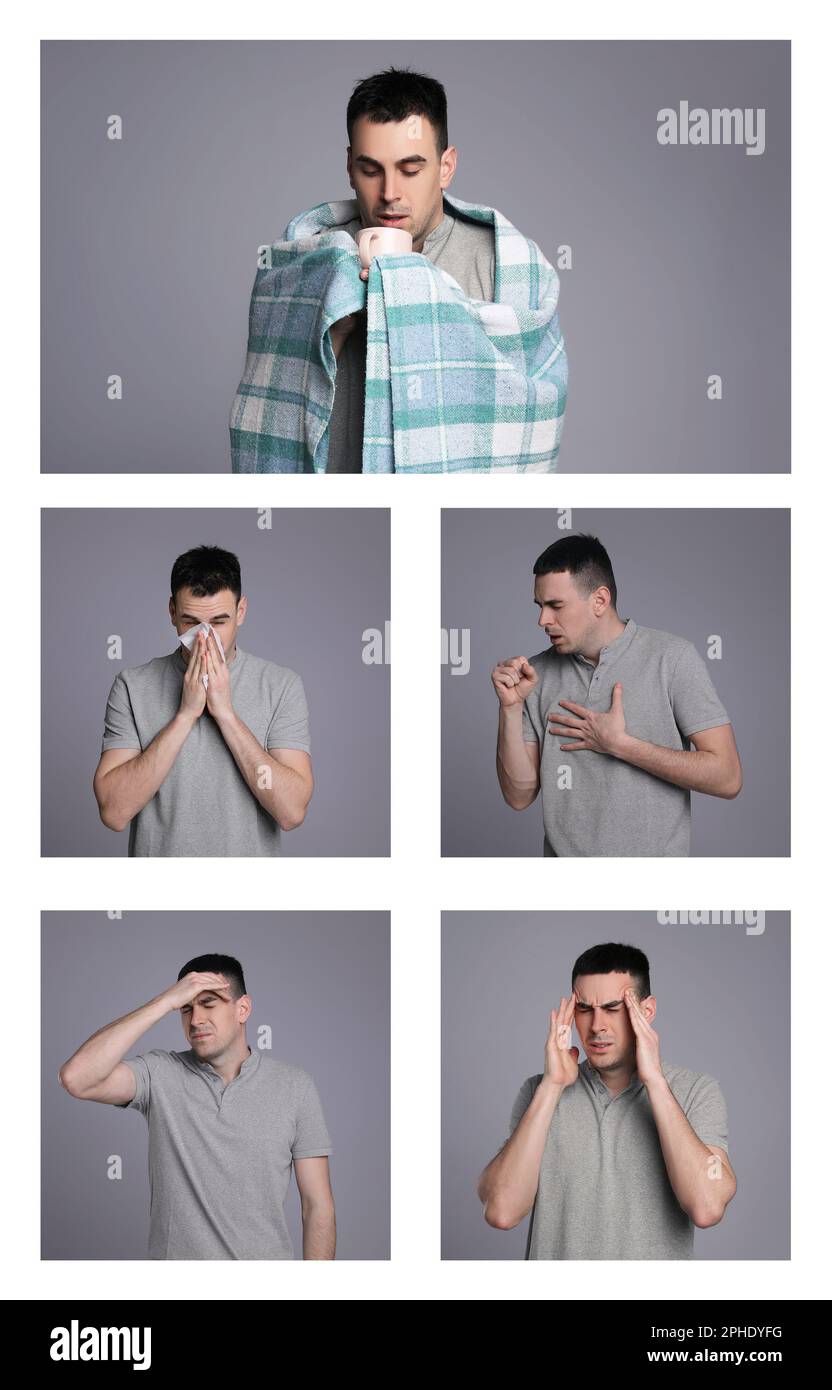 Collage with photos of man with cold symptoms on white background Stock ...