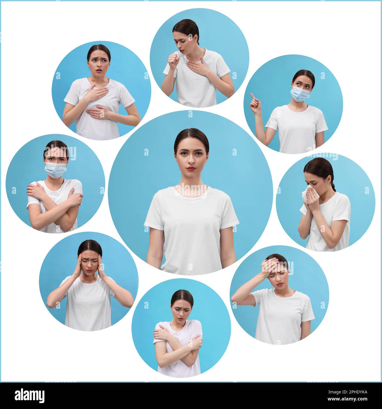 Collage with photos of woman with cold symptoms on white background ...