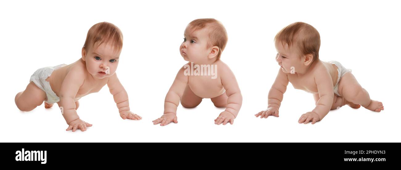 Collage with photos cute little baby crawling on white background ...