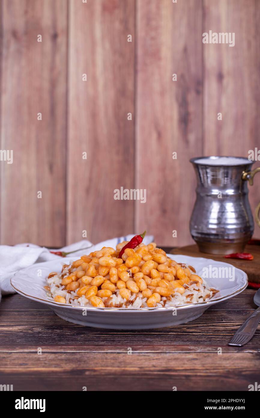 Dry bean pilaf. Traditional Turkish cuisine. Turkish dry beans and rice ...