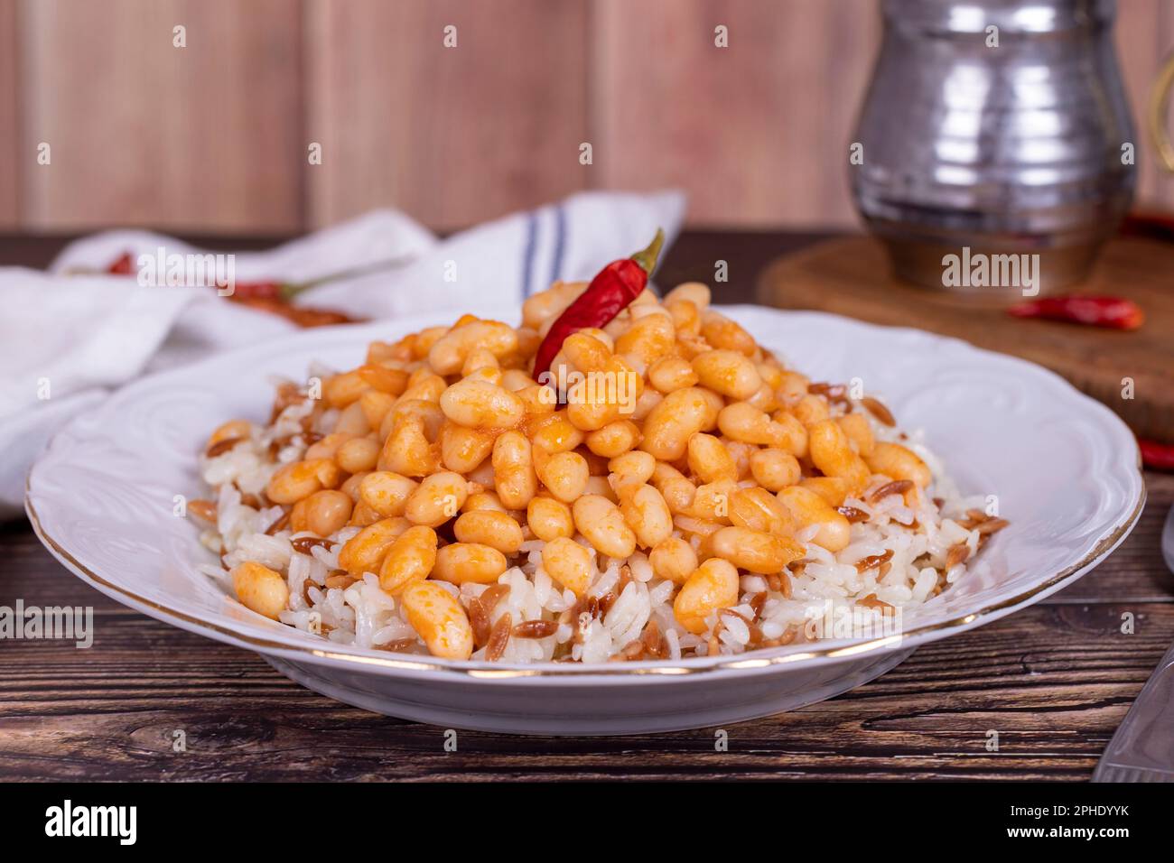 Dry bean pilaf. Traditional Turkish cuisine. Turkish dry beans and rice ...