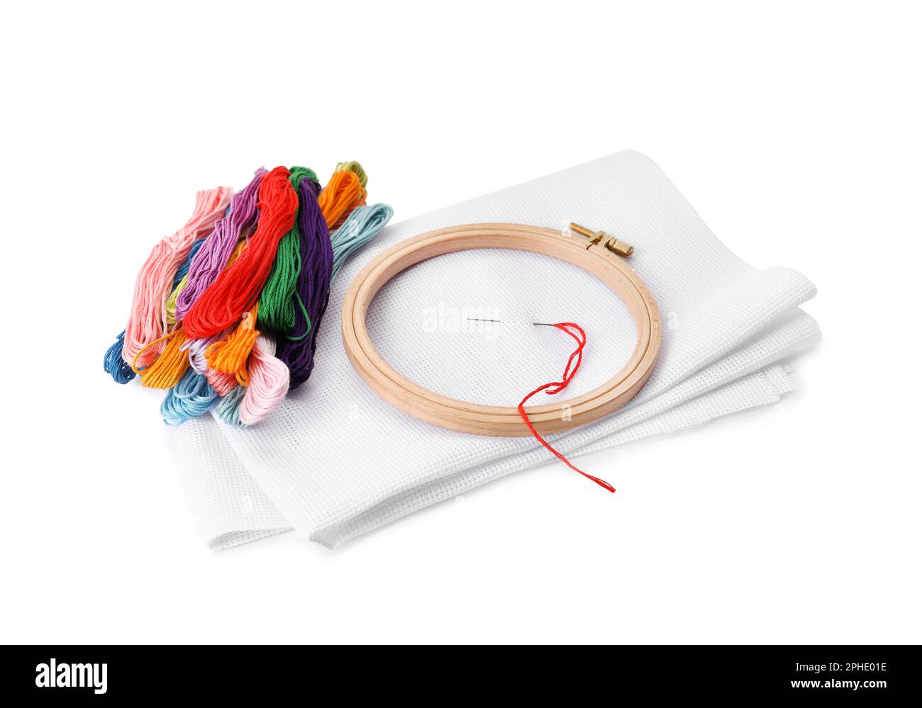 Set of embroidery equipment on white background Stock Photo - Alamy