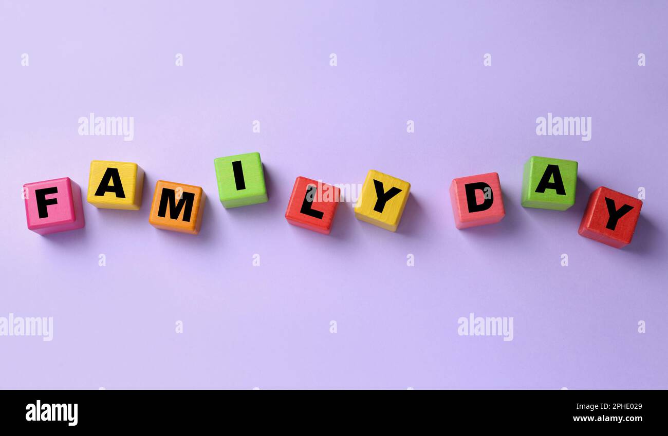 Colorful cubes with text Family Day on violet background, flat lay ...