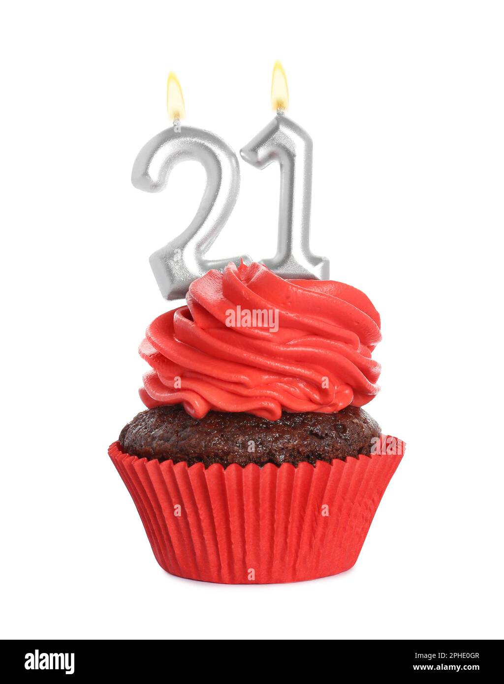 Delicious cupcake with number shaped candles on white background ...