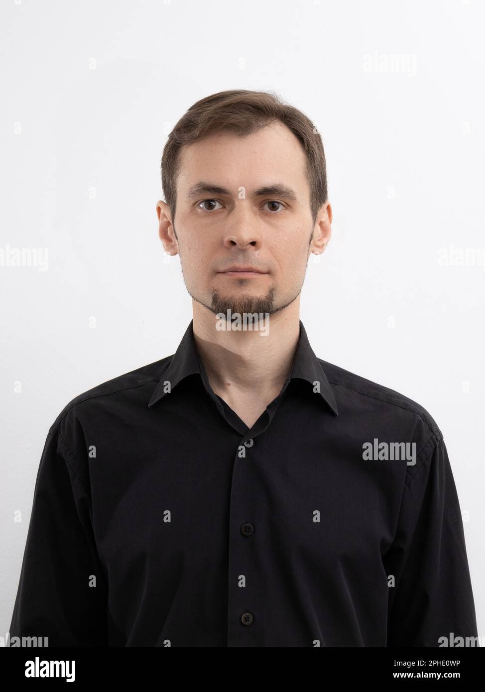 Caucasian man 30s no emotion portrait like a passport on white ...