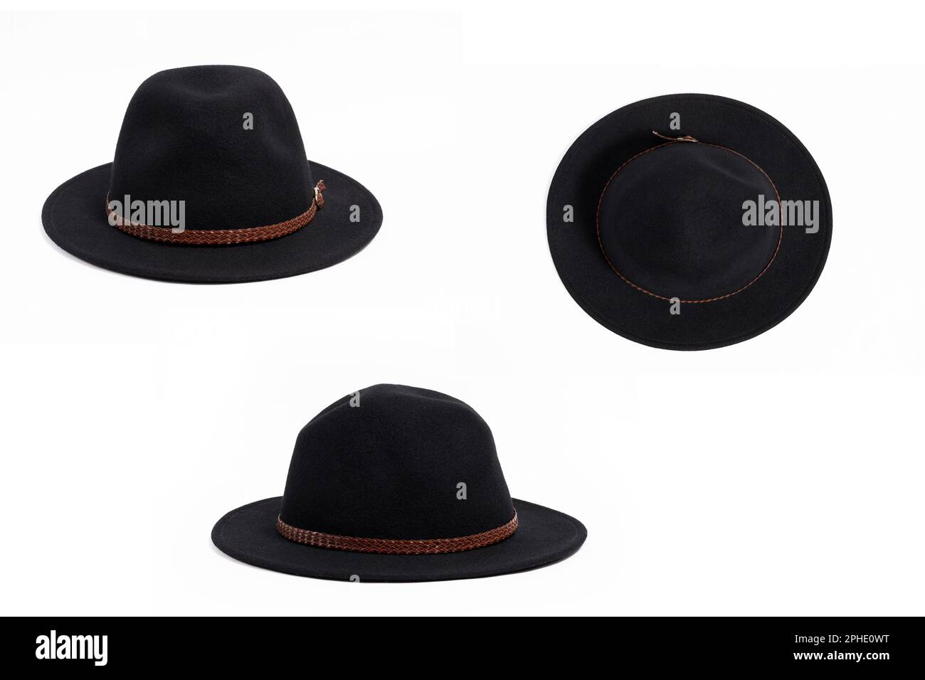 Set of 3 angles Front view stilish black hat for women, isolated white ...