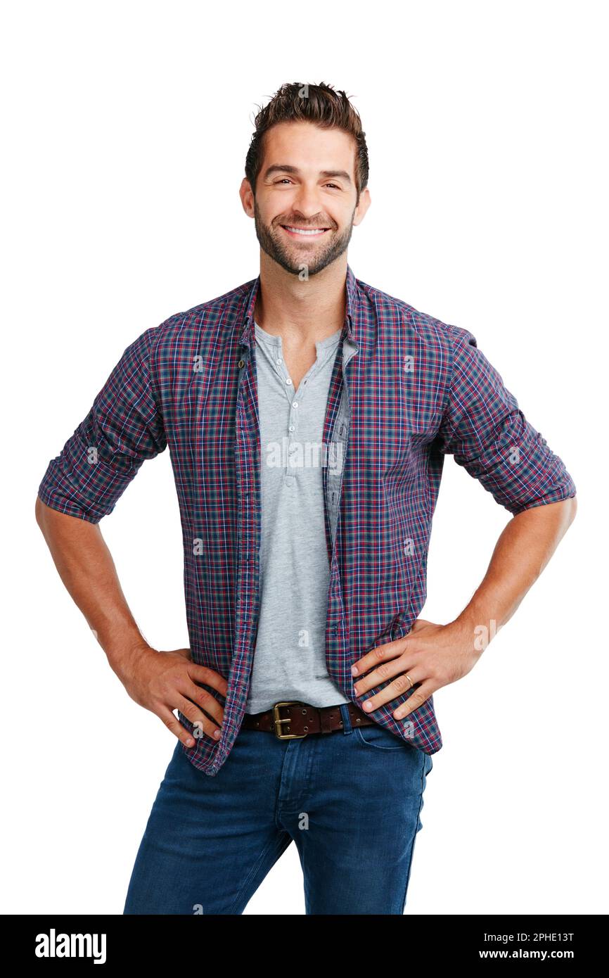 Hes just an average joe. Studio shot of a young man posing against a ...