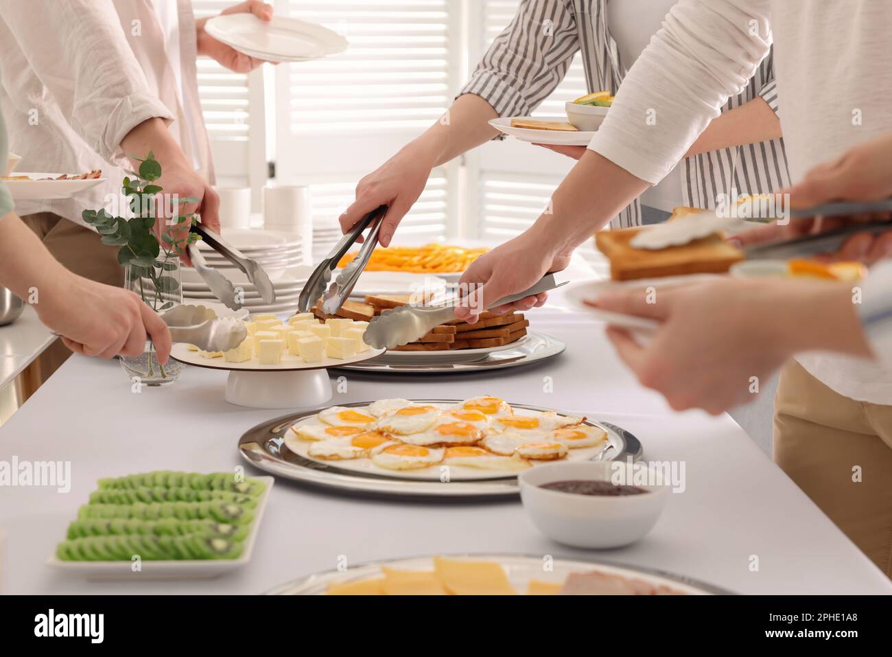 People taking food during breakfast, closeup. Buffet service Stock ...