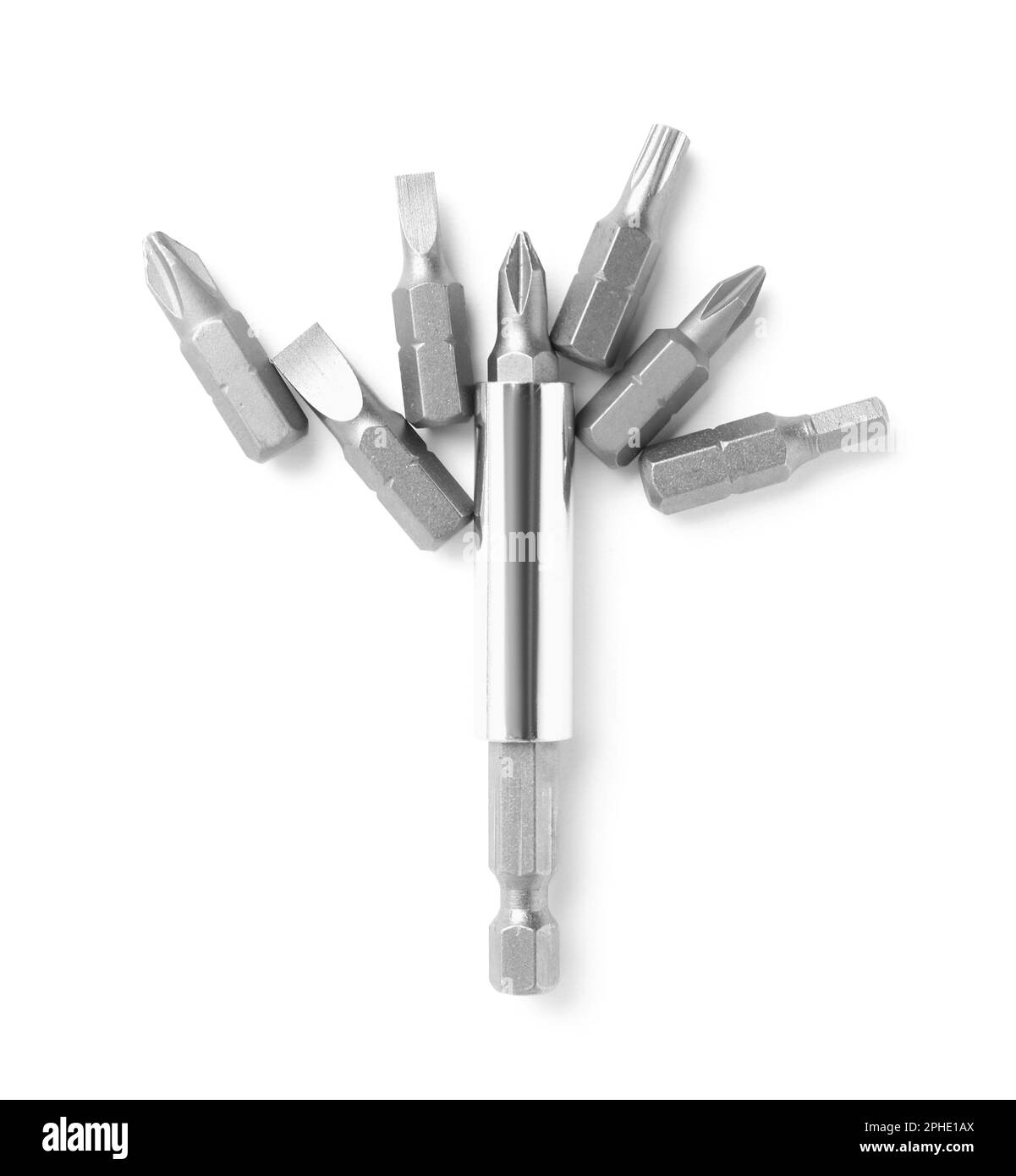 Many different drill bits isolated on white, top view. Carpenter's ...