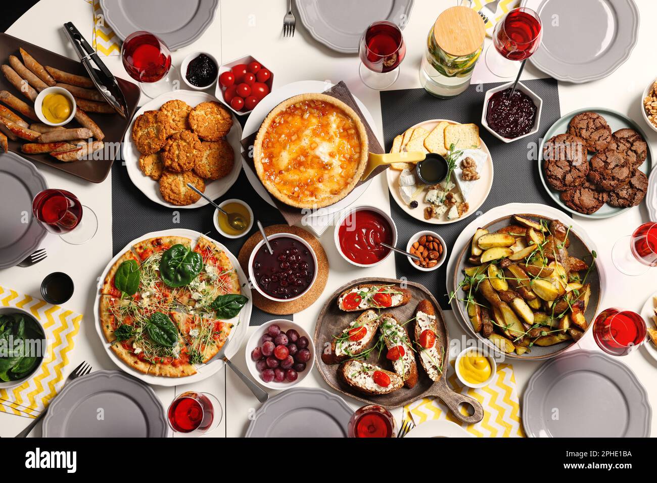 Brunch table setting with different delicious food, flat lay Stock ...