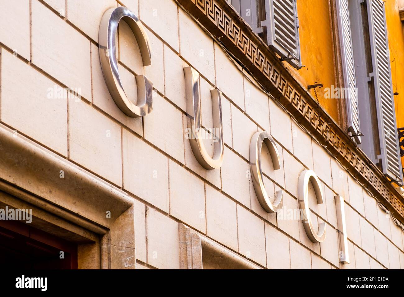 Gucci logo on the shop. Luxury shopping concept. March 2023, Rome ...