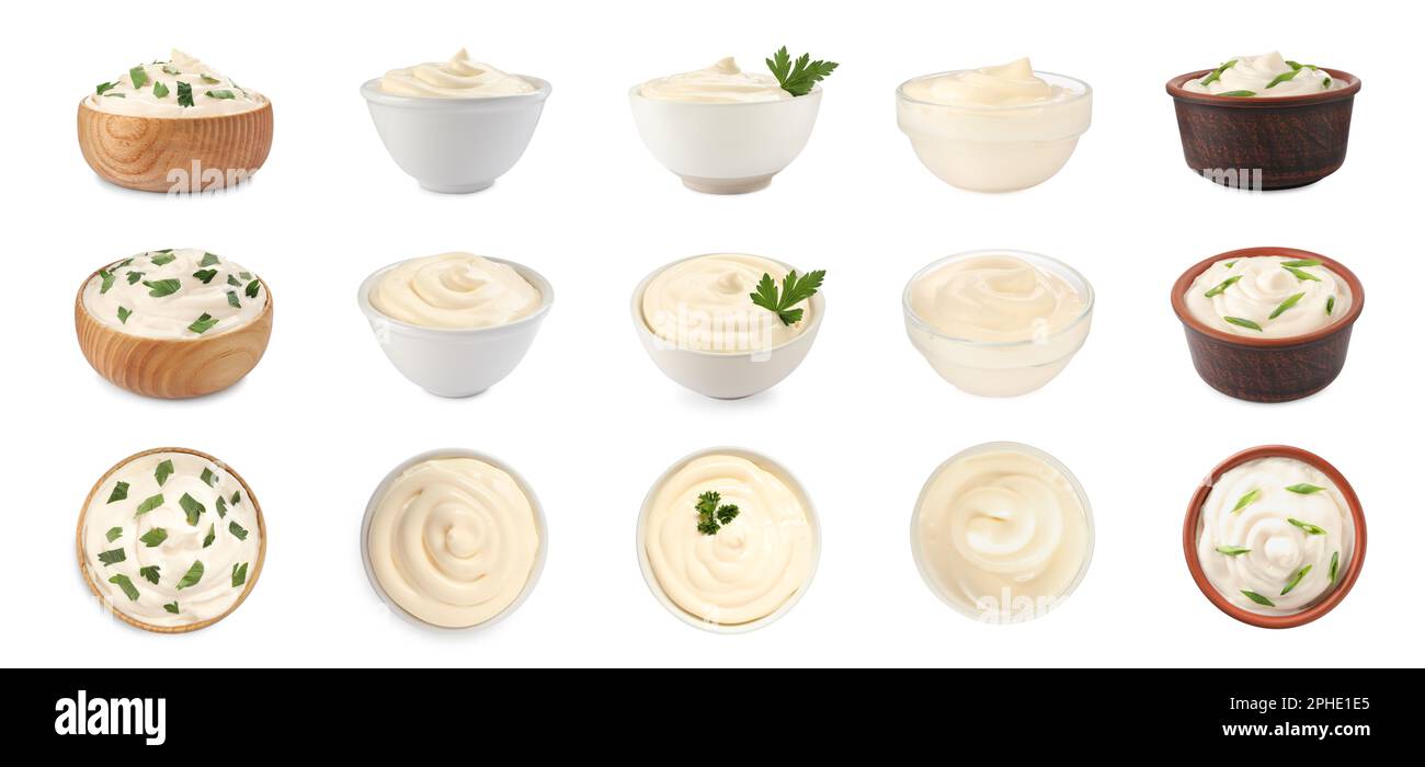 Set with tasty mayonnaise on white background. Banner design Stock ...