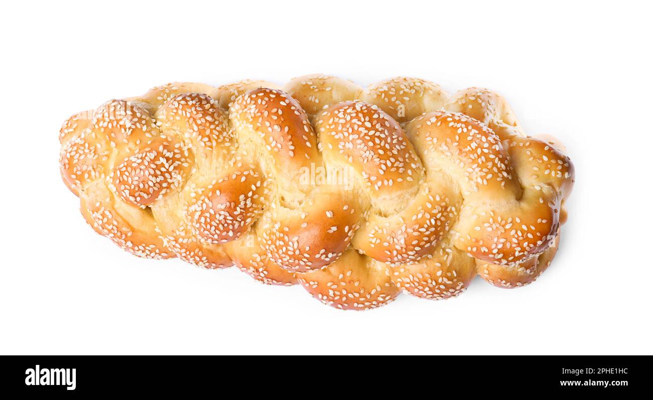 Homemade braided bread with sesame seeds isolated on white, top view ...