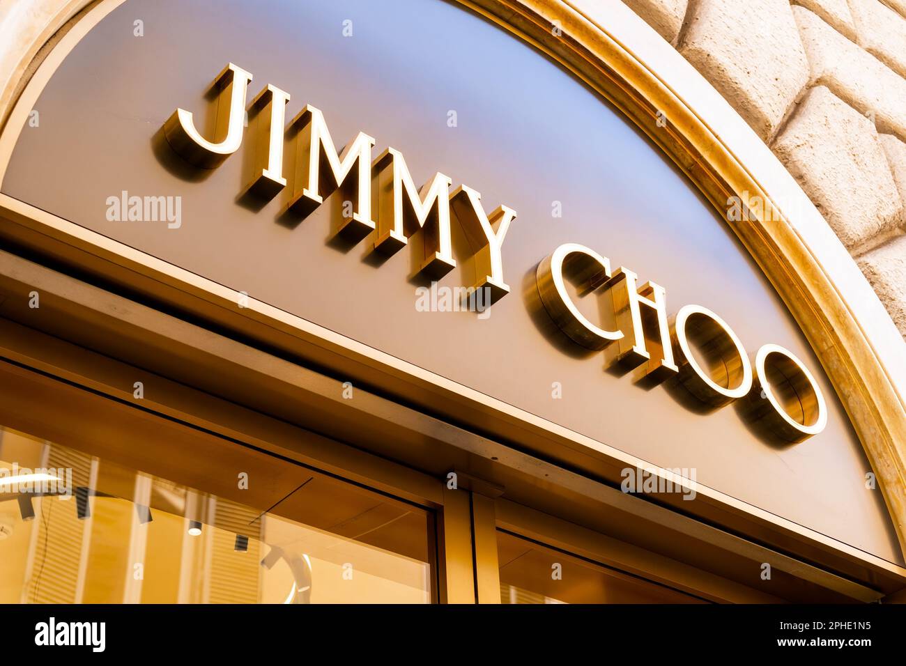 Jimmy Choo fashion store in Rome. Famous luxury boutique worldwide. Fashion week concept. March ...