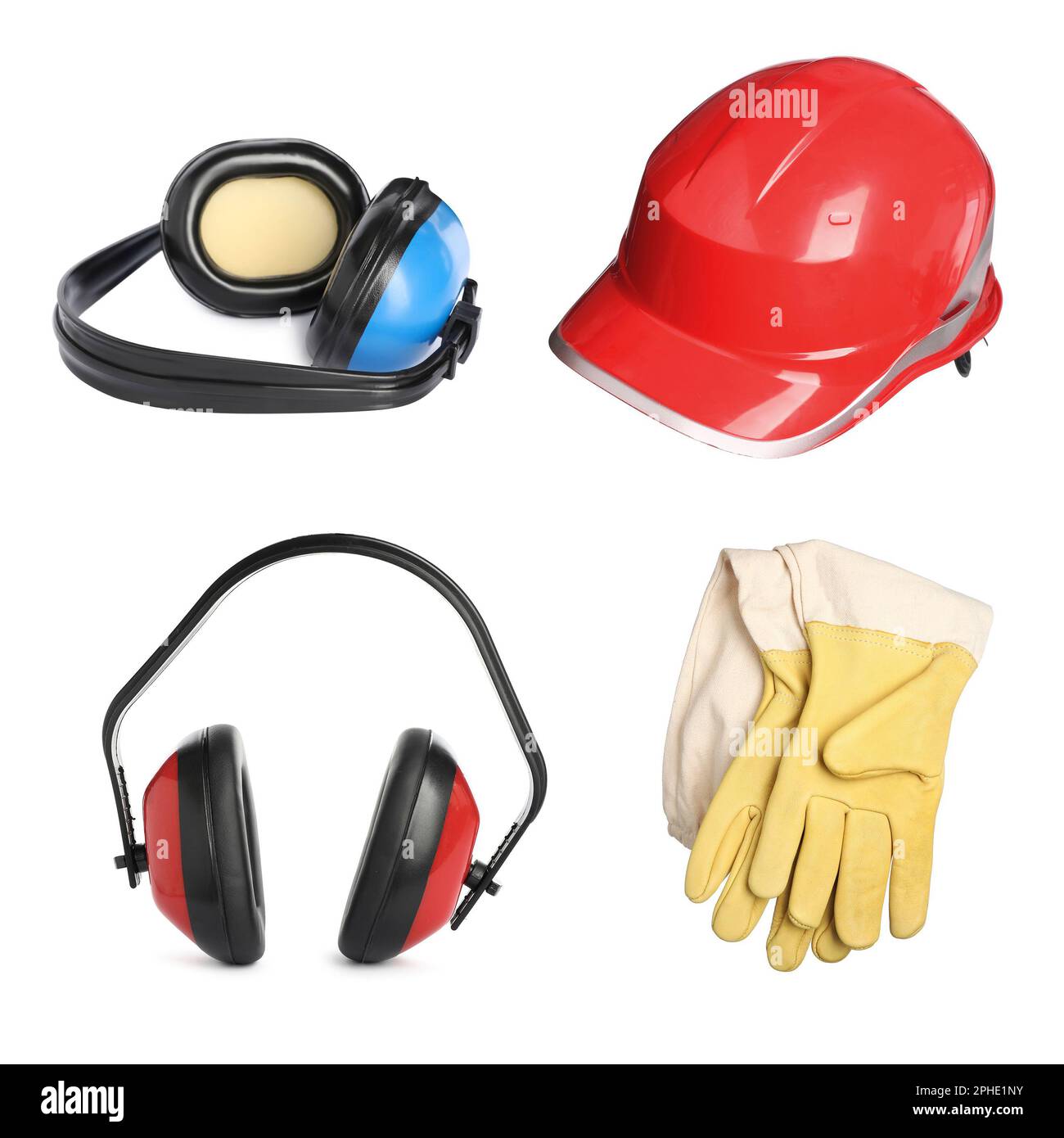 Set with protective workwear on white background. Safety equipment ...