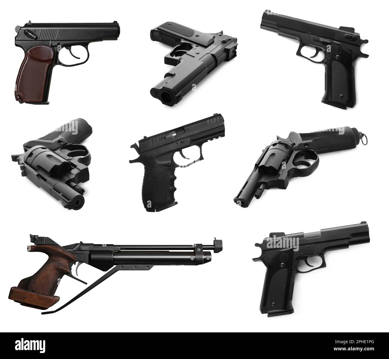 Set with different handguns on white background Stock Photo - Alamy