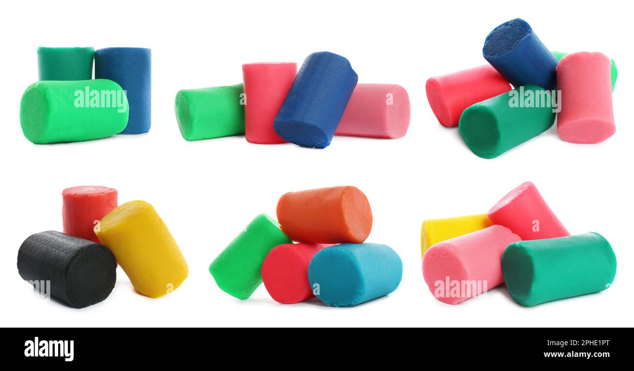 Set with different colorful play dough on white background Stock Photo ...