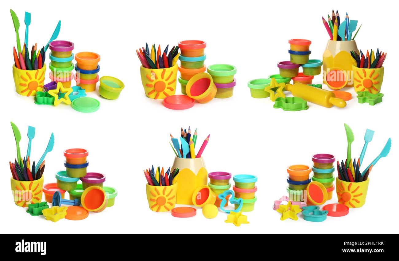 Set with different colorful play dough, tools and pencils on white ...
