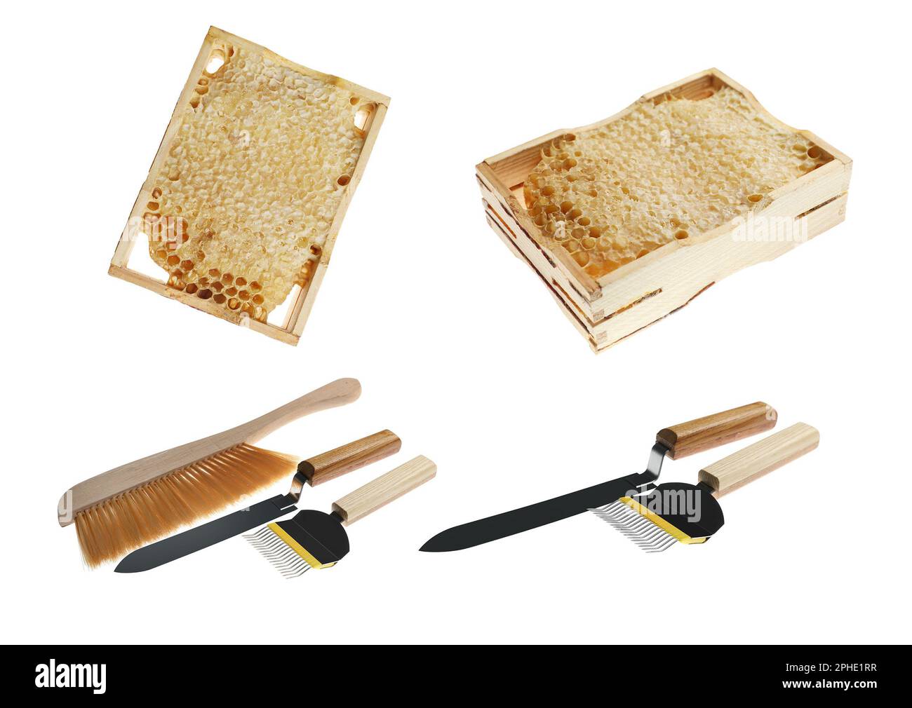 Wooden hive frames with honeycombs and different beekeeping tools on ...