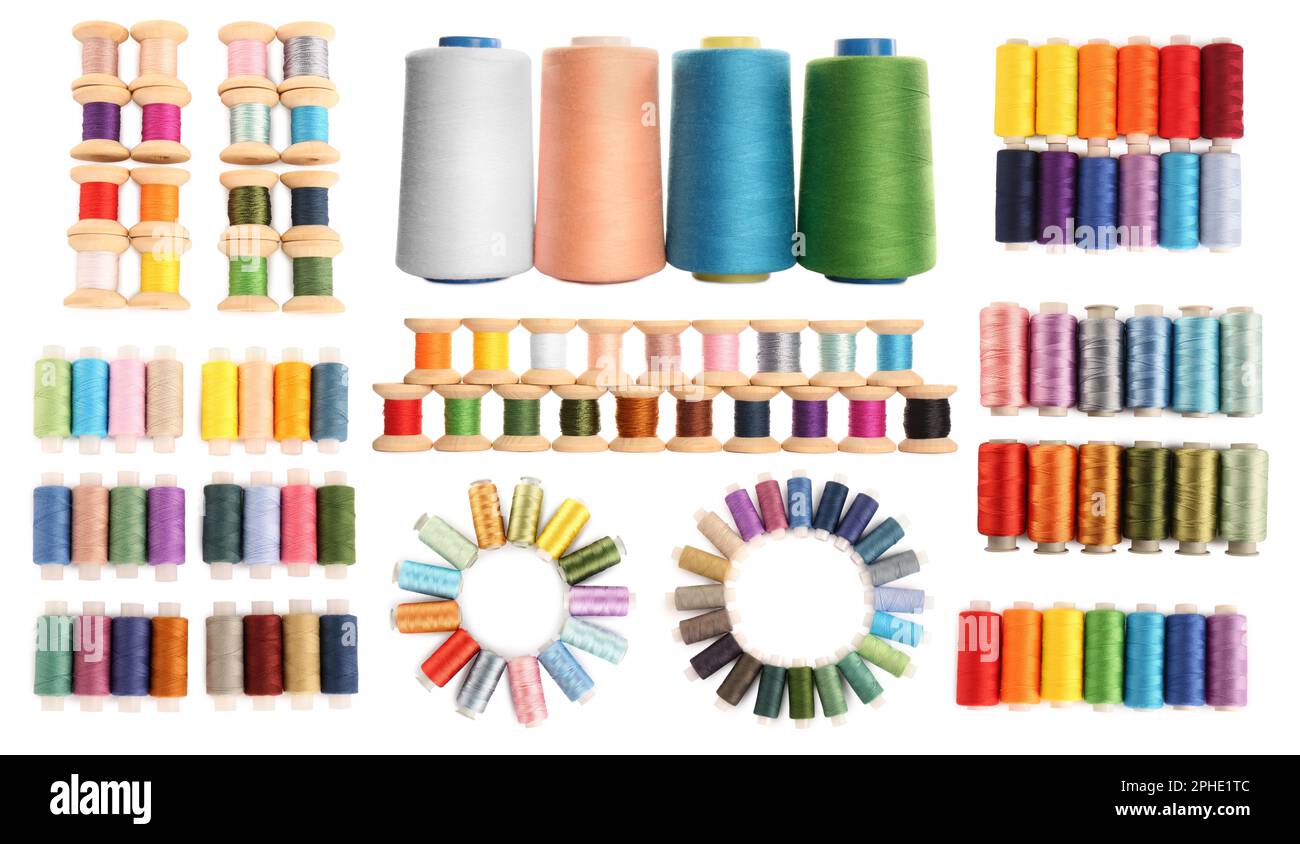Set with spools of multicolor on white background Stock Photo - Alamy