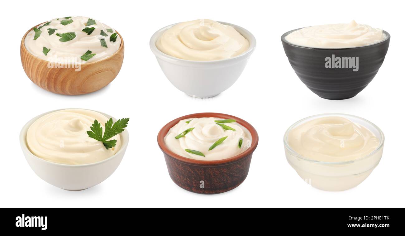 Set with tasty mayonnaise on white background. Banner design Stock ...