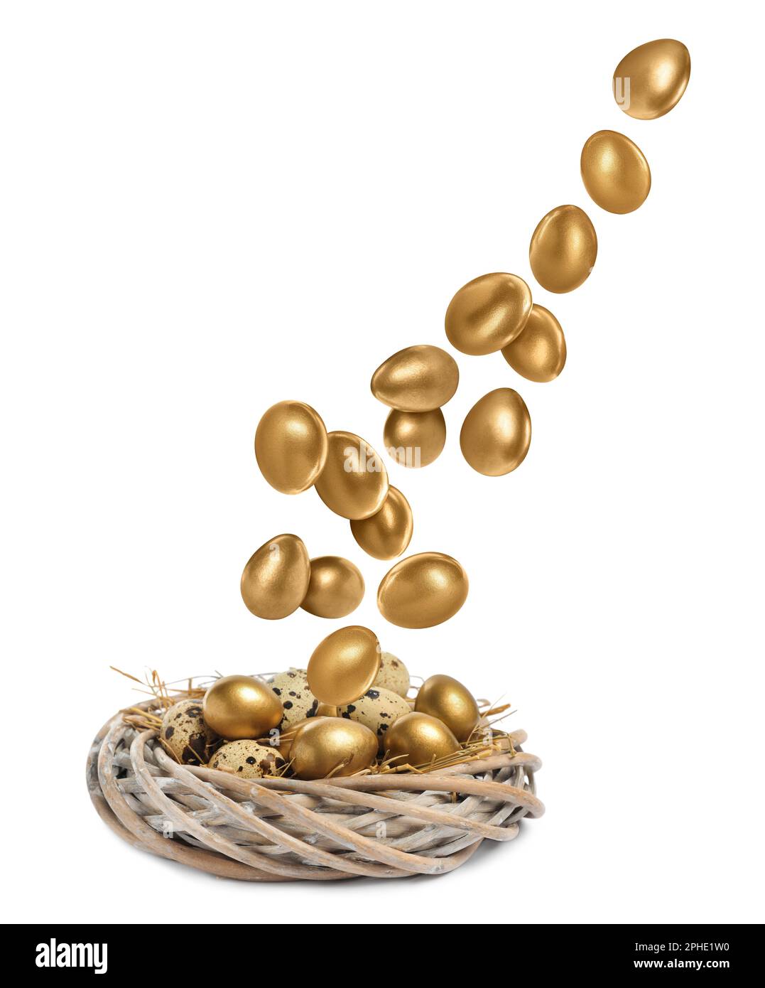 Shiny golden eggs falling into nest on white background, top view Stock ...