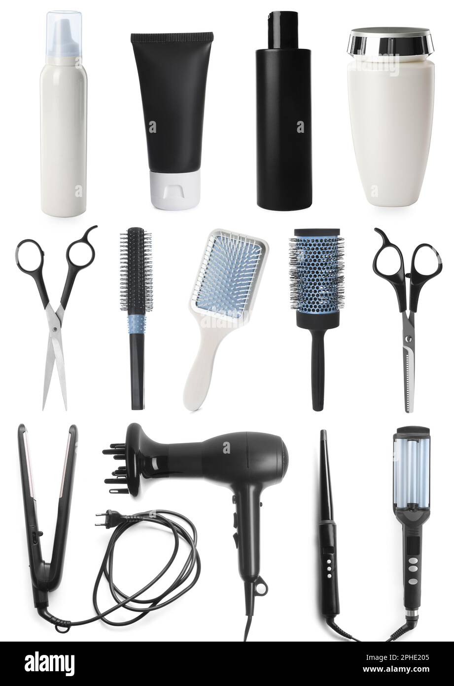 Set with professional hairdresser tools and cosmetic products on white ...