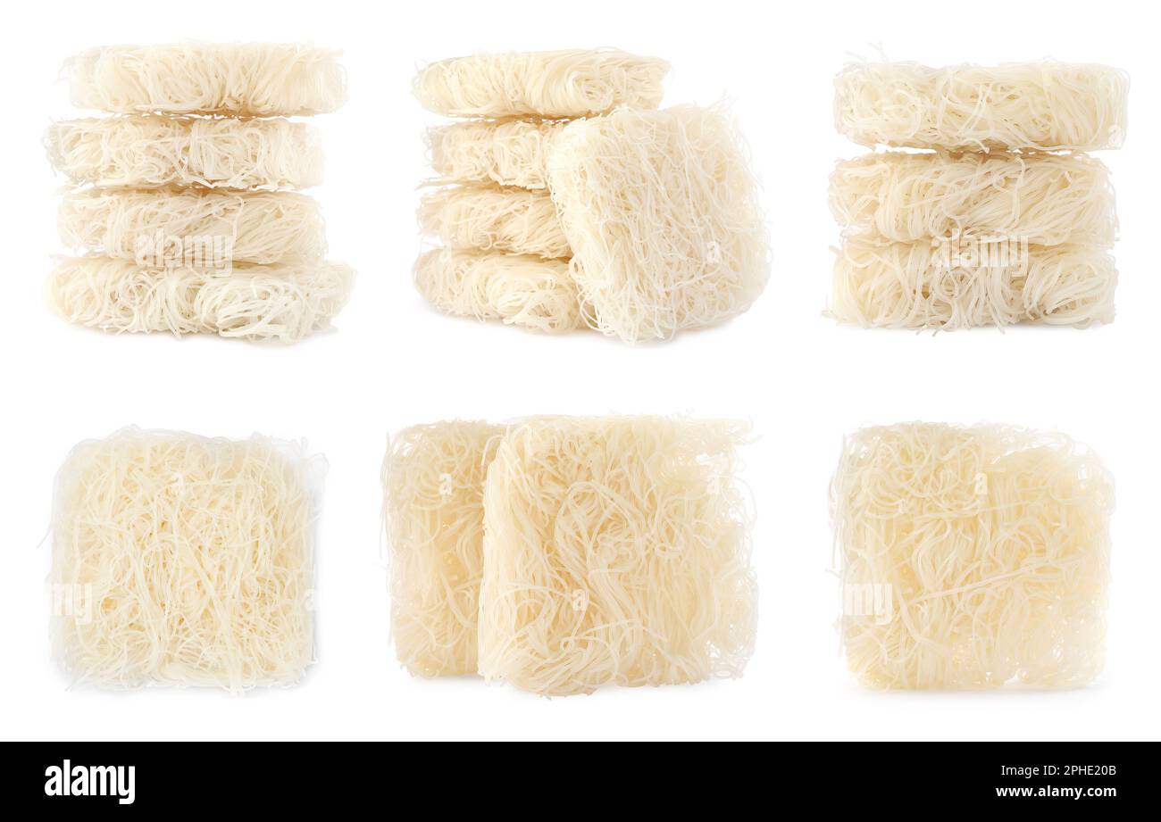 Set with dried rice noodles on white background Stock Photo - Alamy