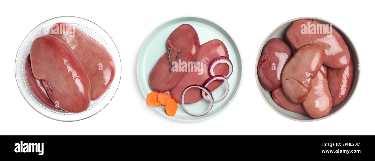 Set with fresh raw kidneys on white background, top view. Banner design ...