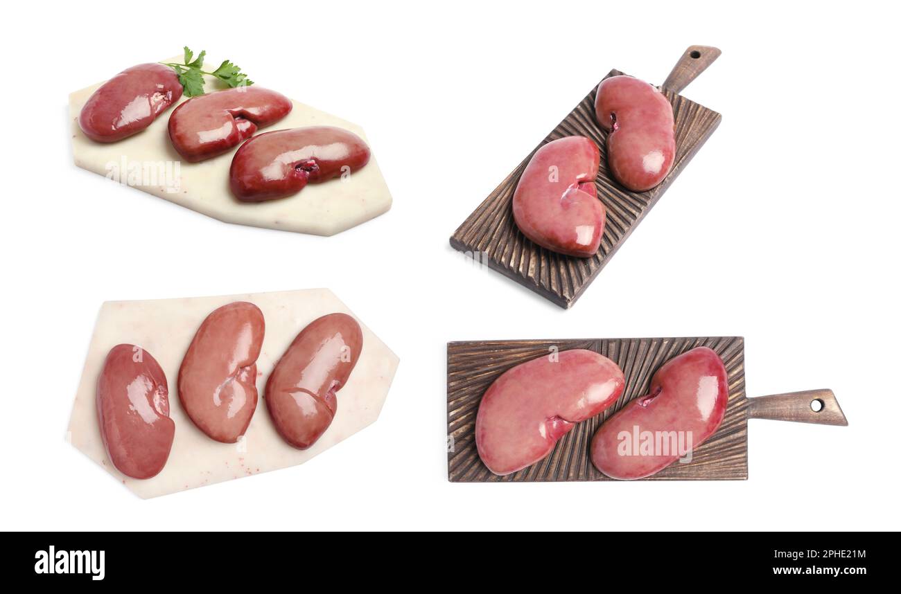 Set with fresh raw kidneys on white background Stock Photo - Alamy