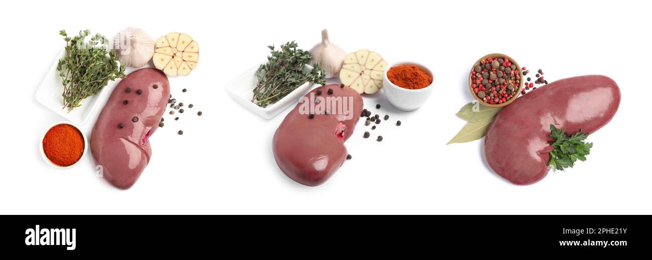 Set with fresh raw kidneys on white background. Banner design Stock ...
